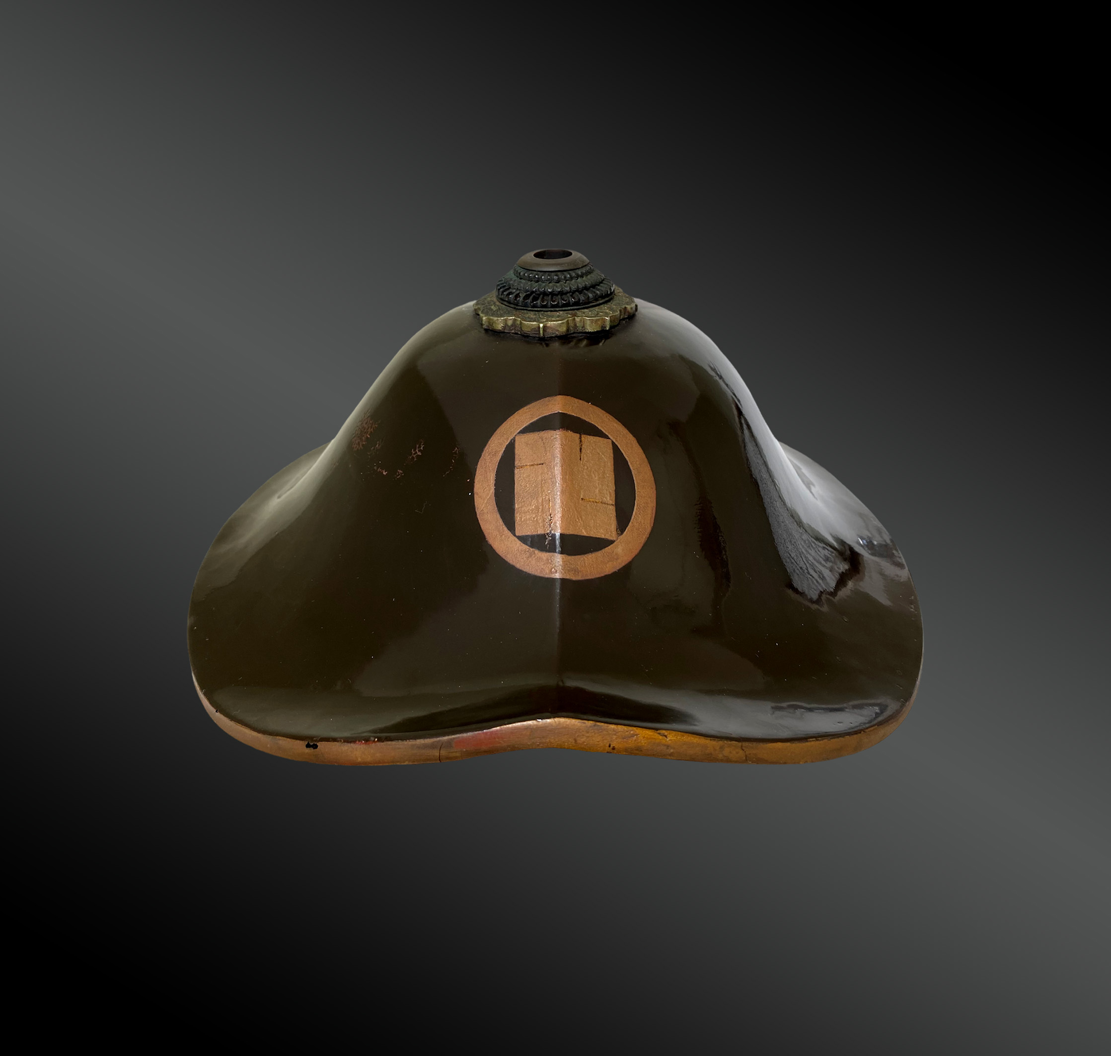 HELMET worn by riders; red interior. Jingasa of Bajô-gasa type Japan ...