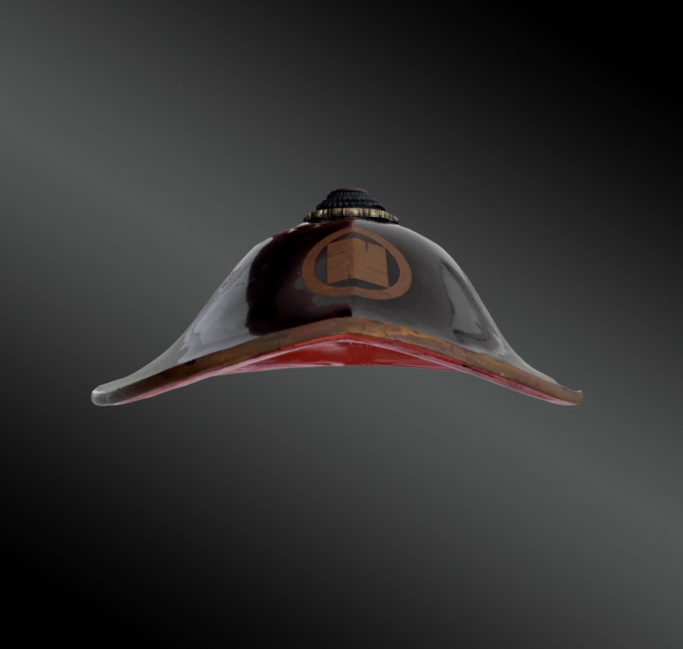 HELMET worn by riders; red interior. Jingasa of Bajô-gasa type Japan ...